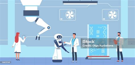 인공 지능 및 로봇 연구 센터 미래 기술 기술 진보 사람 및 Ai 과학의 혁신과 발전 만화 플랫 스타일 격리 벡터 개념 건강관리와 의술에 대한 스톡 벡터 아트 및 기타