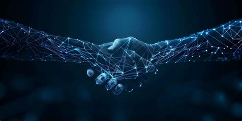 Symbolizing Technology Connection Futuristic Digital Handshake Wireframe Hologram On Dark