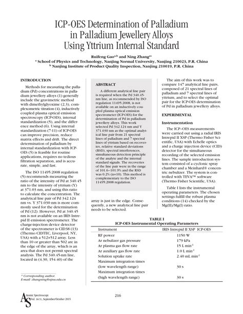 Pdf Icp Oes Determination Of Palladium In Palladium Jewellery Alloys Using Yttrium Internal