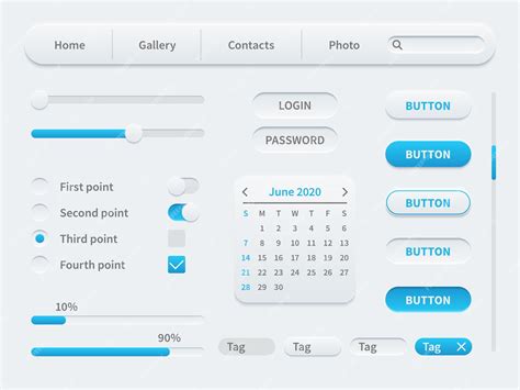 흰색 인터페이스 요소입니다 모바일 응용 프로그램 및 웹 사이트를 위한 범용 Ui 템플릿입니다 도구 버튼 반응형 디자인 심플 세트 프리미엄 벡터