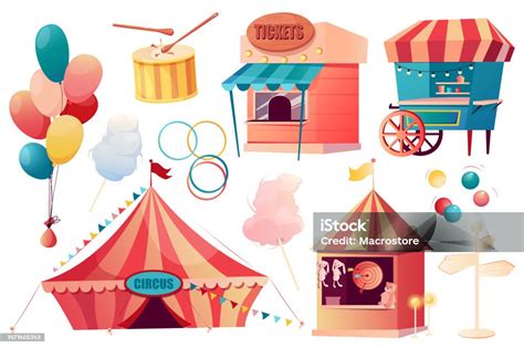 서커스는 평면 디자인으로 그래픽 요소를 설정했습니다 티켓 음식 키오스크 풍선 솜사탕 포인터 사격 갤러리 카니발 서커스 천막이있는