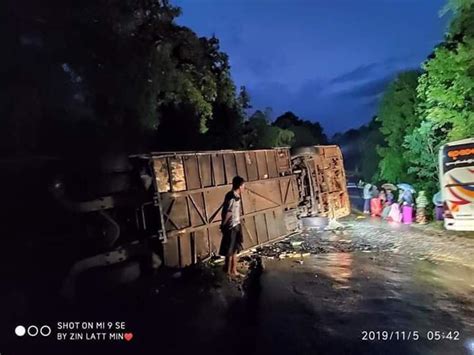 ကထိန်ခင်းရန်သွားသည့်ဘတ်စ်ကား သပိတ်ကျင်းတွင် တိမ်းမှောက်၊ လူ ၁၃ ဦးသေ ၂၇ ဦးဒဏ်ရာရ