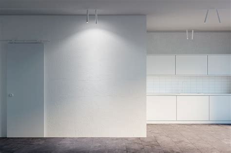 배경에 부엌과 흰색 벽과 돌 바닥과 빈 현대적인 인테리어 전면 뷰입니다 3차원 형태에 대한 스톡 사진 및 기타 이미지 3차원 형태 단일 이미지 디지털 생성 이미지