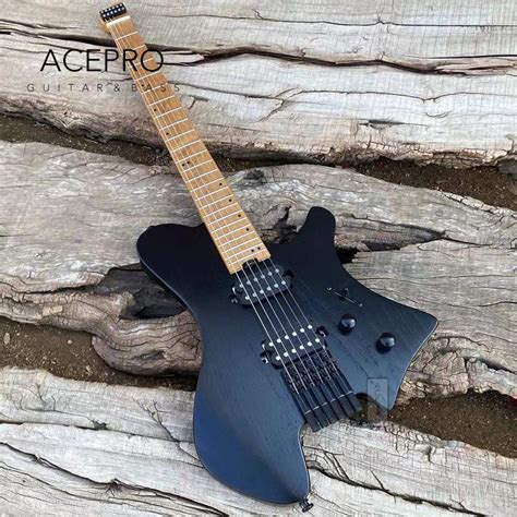 🔥[spot Hotsale]🔥acepro Dark Black Headless Electric Guitar 2 Humbucker Pickups Ash Body Roasted