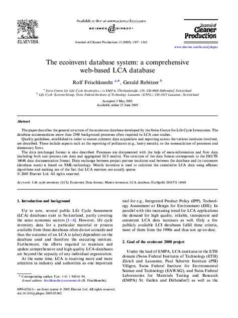 Pdf The Ecoinvent Database System A Comprehensive Web Based Lca Database Pdf The Ecoinvent Database System A Comprehensive Web Based Lca Database