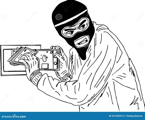 Masked Thief Stealing Money From The Safe Outline Vector Illustration Masked Thief Sketch