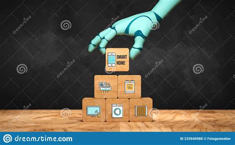 robot hand adding a cube with message smart home to a stack of others