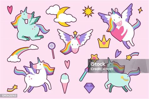 마법 요소와 귀여운 만화 유니콘의 세트 벡터 격리된 일러스트레이션 엽서 포스터 보육원 디자인 인사말 카드 스티커 실내 장식 보육