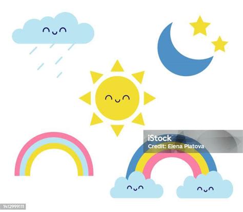 귀여운 날씨 세트 태양 달 무지개 및 행복한 구름 흰색에 고립 된 어린이를위한 벡터 평면 일러스트 레이 션 무지개에 대한 스톡 벡터 아트 및 기타 이미지 Istock
