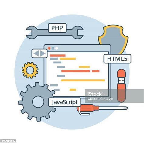 선형 평면 웹 응용 프로그램 코드 벡터 일러스트입니다 응용 프로그램 개발의 개념입니다 Php 자바 스크립트 Html5 기어 기어 스크루 드라이버 및 프로그램 편집기
