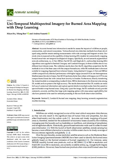 Pdf Uni Temporal Multispectral Imagery For Burned Area Mapping With
