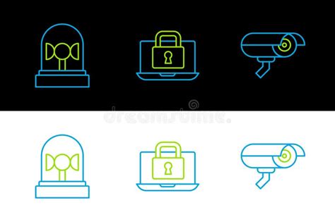 Set Line Security Camera Flasher Siren And Laptop And Lock Icon