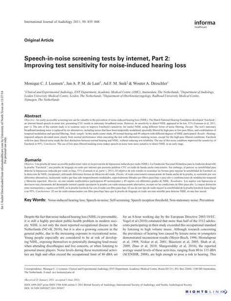PDF Speech In Noise Screening Tests By Internet Part 2 Improving Test Sensitivity For Noise