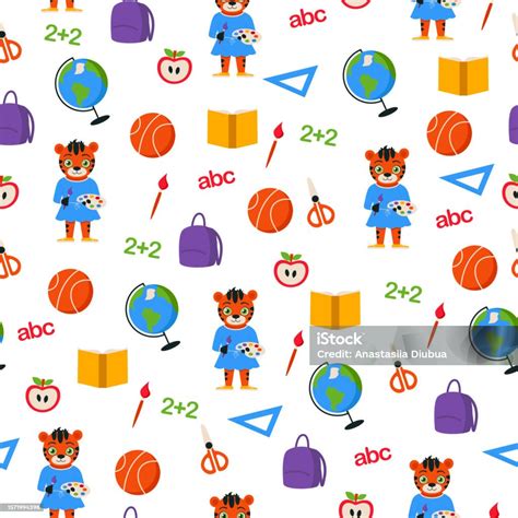 원활한 학교 패턴 호랑이 학생 배낭 통치자 사과 책 붓 가위 지구본 농구 숫자 및 문자 벡터 그래픽 가위에 대한 스톡 벡터 아트