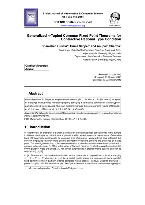 Pdf Generalized N Tupled Common Fixed Point Theorems For Contractive Rational Type Condition