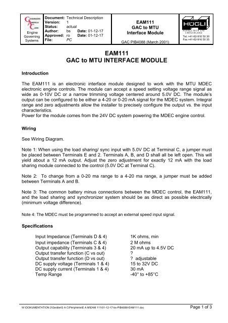 Eam111 Gac To Mtu Interface Module Huegli Tech