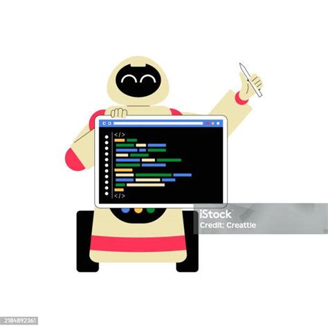 프로그래밍 및 개발에서 Ai를 상징하는 평면 벡터 일러스트 레이 션에서 프로그래밍 화면을 들고 코딩 로봇 흰색 배경에 고립 된 개념에 대한 스톡 벡터 아트 및 기타 이미지