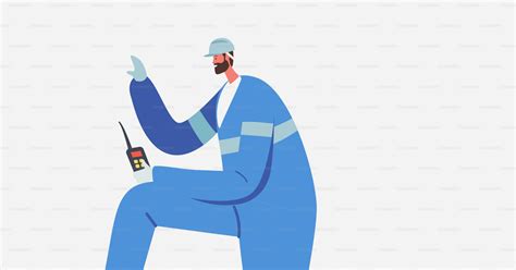 안전모를 쓴 빌더 남성 캐릭터가 워키토키를 들고 있다 건설 현장에 있는 남자 계약자 건축가는 흰색 배경에 고립된 작업 과정을 관리한다 만화 사람들 벡터 일러스트레이션