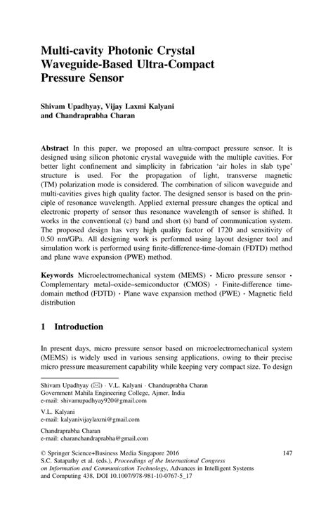 Pdf Multi Cavity Photonic Crystal Waveguide Based Ultra Compact Pressure Sensor