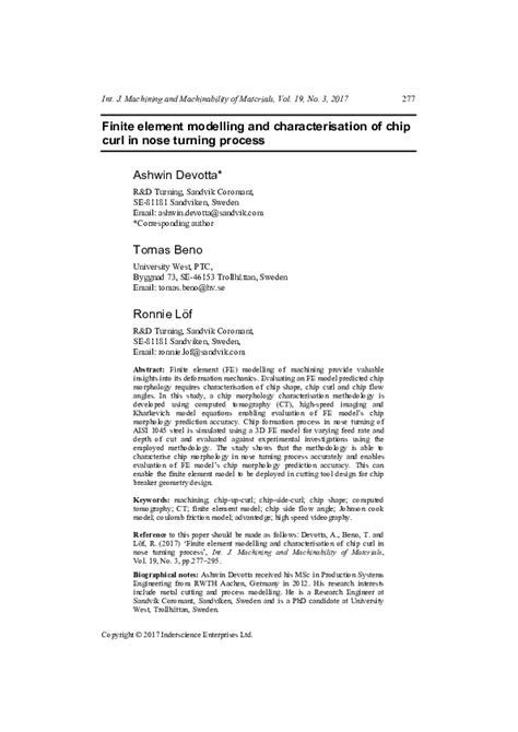 Pdf Finite Element Modelling And Characterisation Of Chip Curl In Nose Turning Process