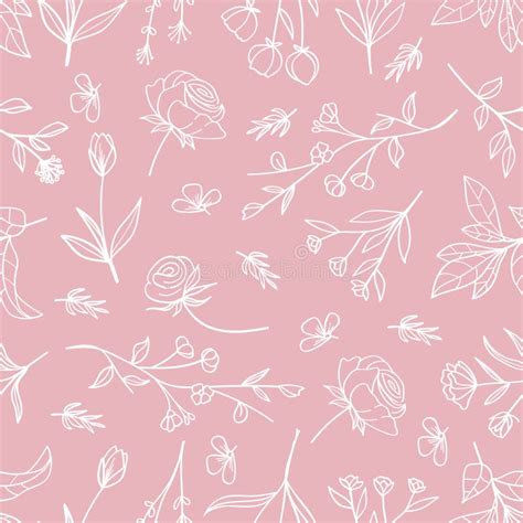 Botanical Seamless Pattern Lin Art On Pink Background Vector Illustration Stock Vector