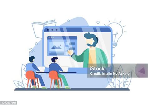 교육 웹 세미나 개념 화면에 노트북과 강의와 학생 온라인 수업 온라인 과정 E러닝 거리 교육 비디오 자습서 비즈니스 웨비나 벡터