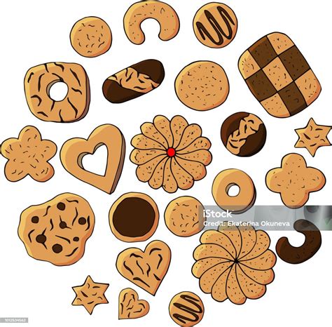 손으로 그린 쿠키의 집합입니다 흰색 바탕에 그려진된 그림을 손 어린이 인사말 카드 디자인 메뉴 직물 및 벽지에 대 한 밝은 만화 그림 갈색에 대한 스톡 벡터 아트 및 기타