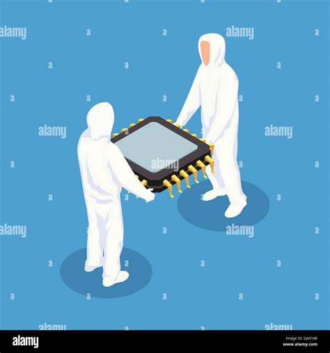 Semiconductor Isometric Design Concept With Two Men In White Protective Clothing Holding Big