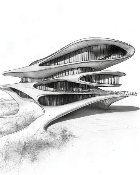 The Illustration Shows A Unique Architectural Structure In Line Art