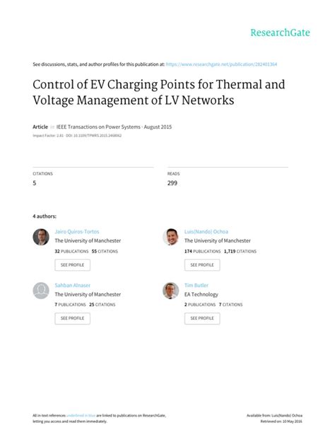 Pdf 2015 Ieee Tpwrs Control Of Ev Charging Points For Thermal And Voltage Management Of Lv