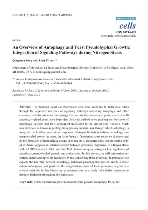 Pdf An Overview Of Autophagy And Yeast Pseudohyphal Growth Integration Of Signaling Pathways