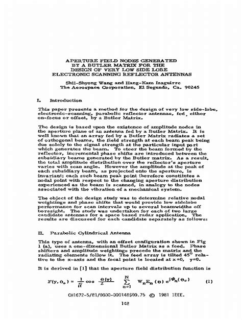Aperture Field Nodes Generated By A Butler Matrix For The Design Of Very Low Side Lobe