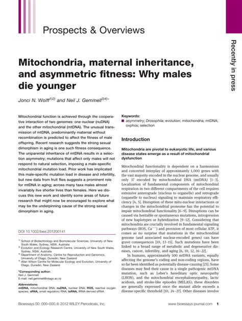 Pdf Mitochondria Maternal Inheritance And Asymmetric Fitness Why