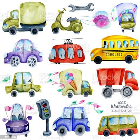 수채화 자동차와 요소 컬렉션 아이들을위한 일러스트 레이션 흰색 배경에 고립 된 손으로 그린 수채화에 대한 스톡 벡터 아트 및