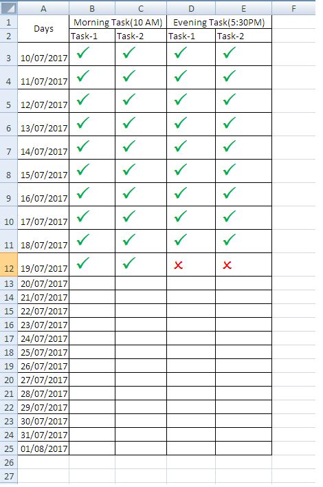 Want Tick Mark And X Mark Using Current Date And Current Time Using Excel Formula Stack Overflow