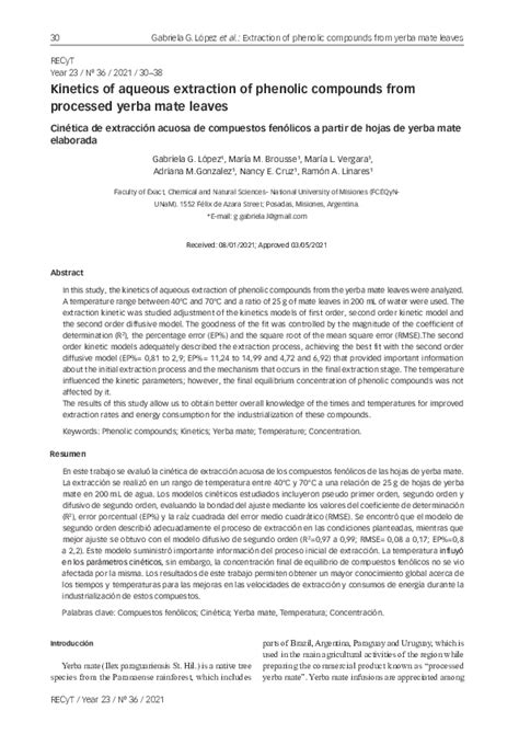 Pdf Kinetics Of Phenolic Extraction From Yerba Mate
