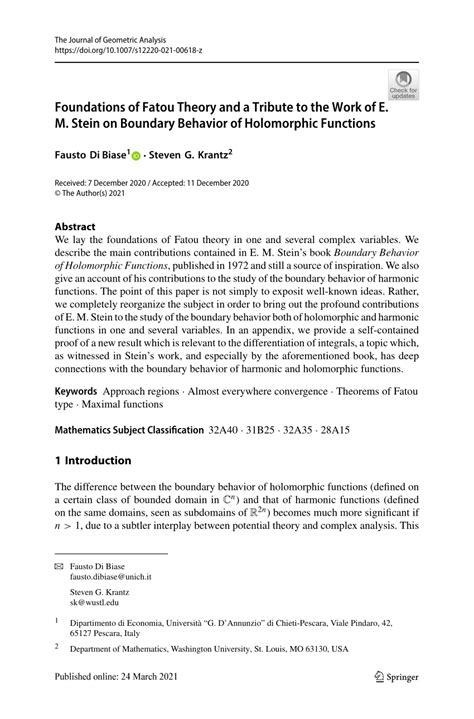 (PDF) Foundations of Fatou Theory and a Tribute to the Work of E. M. Stein on Boundary Behavior ...