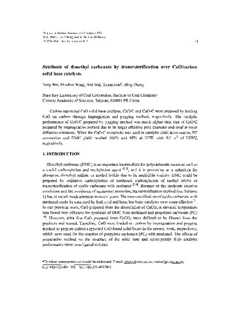 Pdf Synthesis Of Dimethyl Carbonate By Transesterification Of