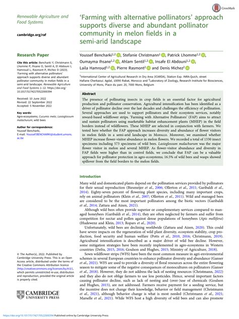 Pdf ‘farming With Alternative Pollinators Approach Supports Diverse