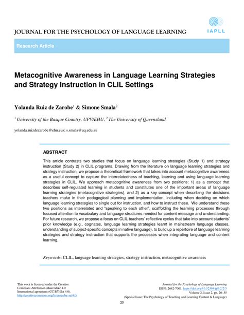 Pdf Metacognitive Awareness In Language Learning Strategies And Strategy Instruction In Clil
