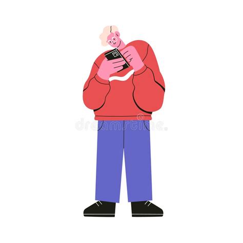 Using Mobile Phone Young Man Character Standing Looking At Smartphone