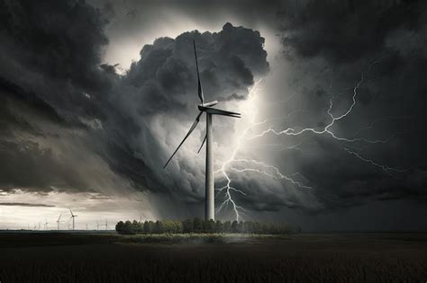 Premium Ai Image Wind Turbine In A Stormy Sky With Lightning Strikes And Clouds Created With