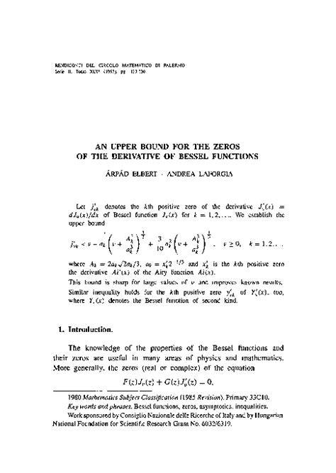 Pdf An Upper Bound For The Zeros Of The Derivative Of Bessel Functions