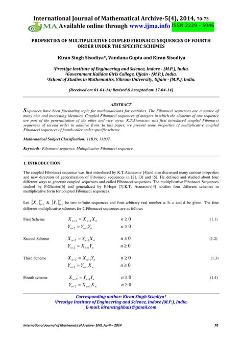 Pdf Properties Of Multiplicative Coupled Fibonacci Sequences Of Fourth Order Under The