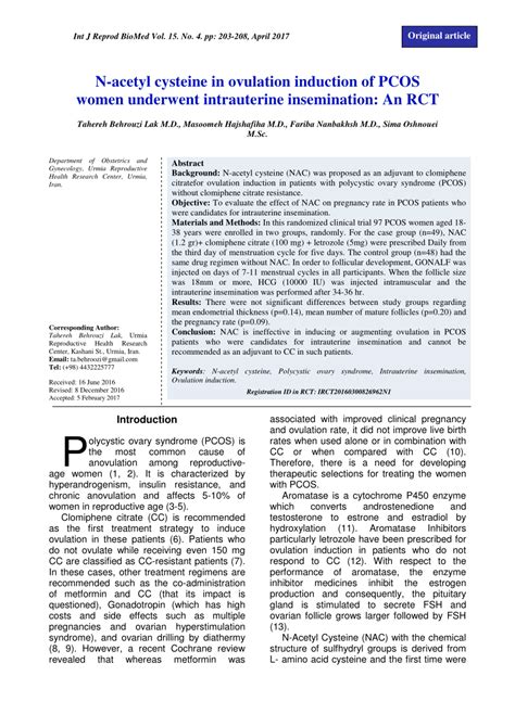 Pdf N Acetyl Cysteine In Ovulation Induction Of Pcos Women Underwent Intrauterine Insemination