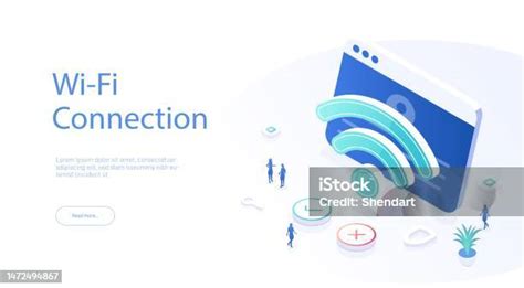Wi Fi 연결 랜딩 페이지 템플릿입니다 무선 기술을 통한 인터넷 액세스 Wifi 아이콘 및 브라우저 웹 배너 인포 그래픽에 사용할 수 있습니다 아이소메트릭 현대 벡터