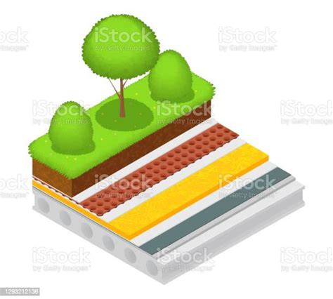 단열재와 흰색 배경에 격리 된 방수 벡터 일러스트 에코 루프 시스템 평평한 스타일의 녹색 지붕의 기술적 인 세부 사항 녹색 지붕의 3d 아이소메트릭 기본 요소 등측투영법에