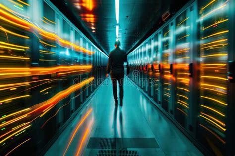 Server In Datacenter Hallway Of Cloud Computing Data Storage Stock