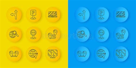 Set Line Route Location Magnifying Glass With Globe Stop Sign Infographic Of City Map