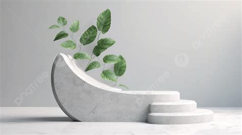녹색 잎 식물은 흰색 곡선 파동 배경에 3d 돌 연단을 장식합니다 멋진 3d 렌더링 자연 연단 돌 연단 최소한의 장면 배경
